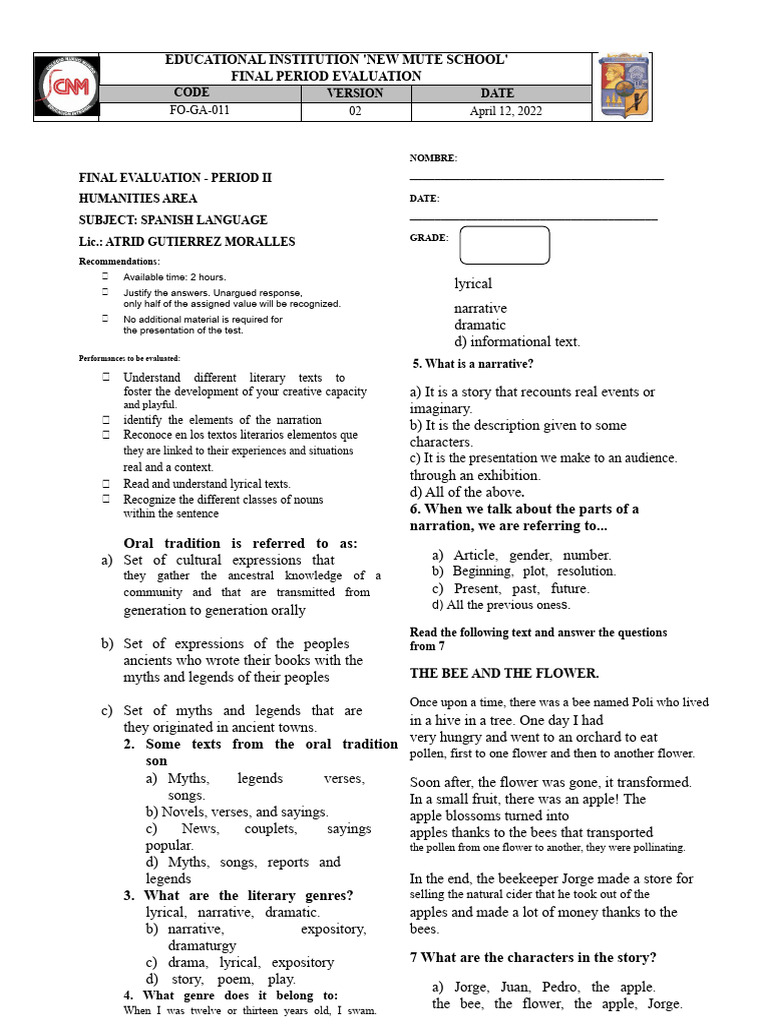 FINAL EVALUATION OF I PERIOD 3rd SPANISH LANGUAGE | PDF | Narrative | Apple