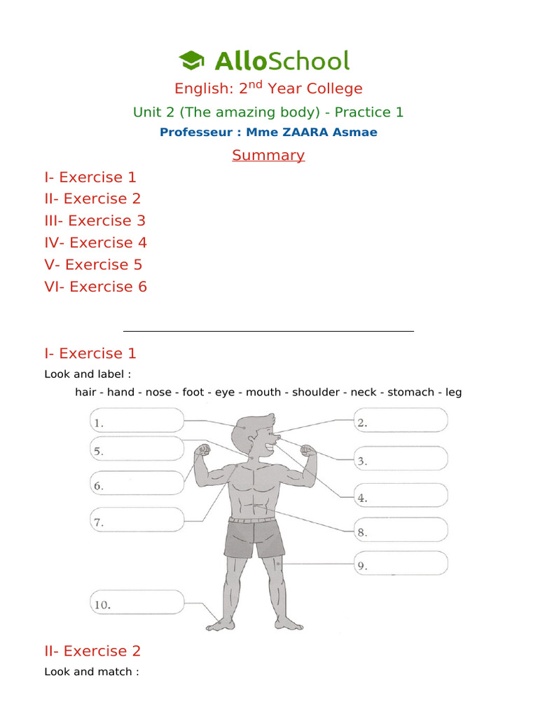 Unit 2 The Amazing Body Practice 1 2 | PDF