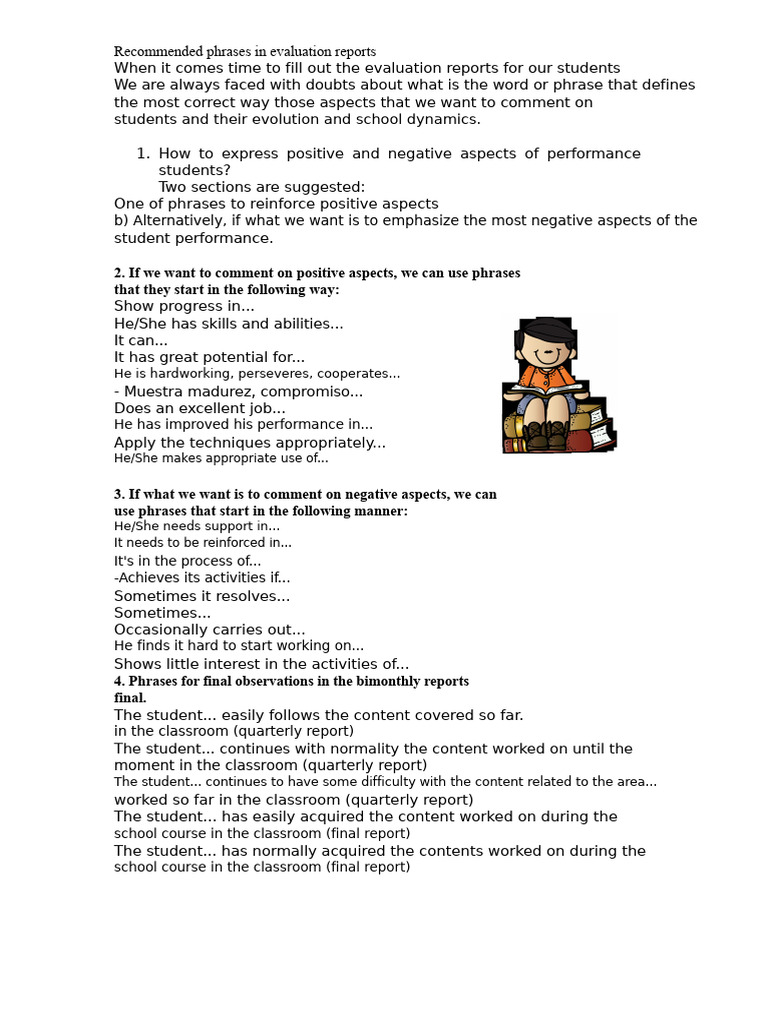 Recommended Phrases in Evaluation Reports | PDF | Adverb | Learning