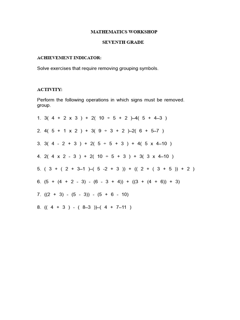 Workshop On The Elimination of Grouping Symbols | PDF