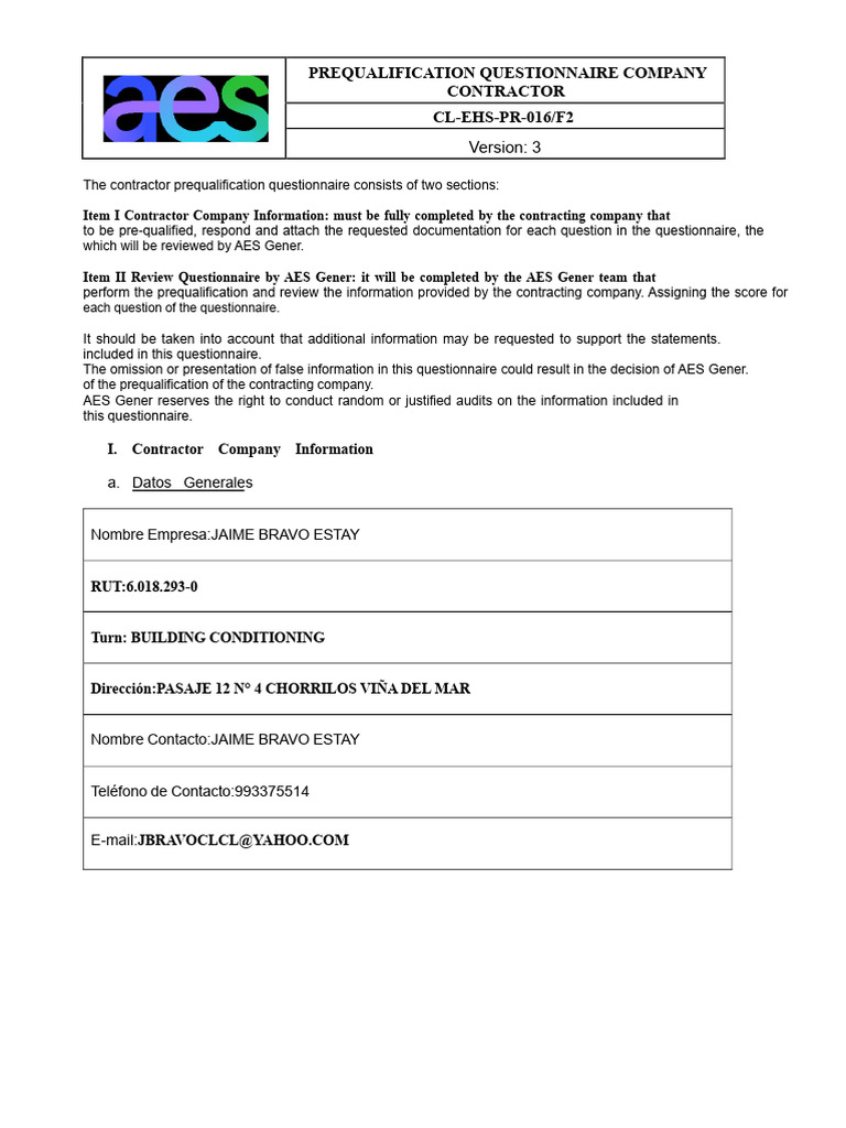 Prequalification Questionnaire | PDF | Occupational Safety And Health ...