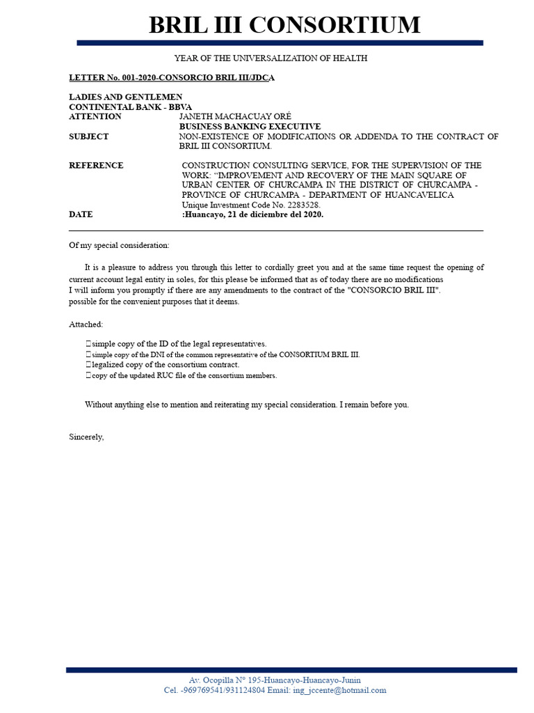 Letter 001 Non-Existence of Modifications or Addenda To The Contract | PDF