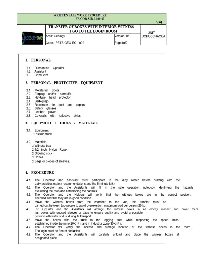 Safe Work Procedure for Box Transfer | PDF | Personal Protective ...