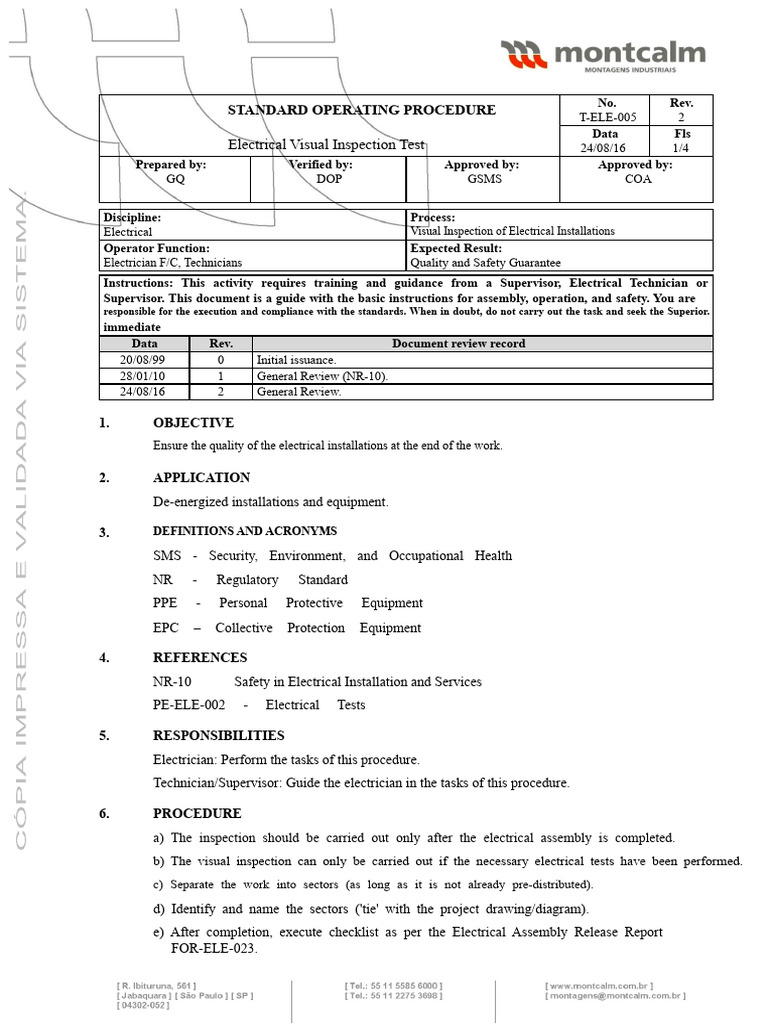 Electrical Visual Inspection SOP | PDF | Safety | Electrician