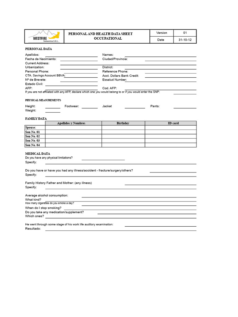 1.personal and Occupational Health Data Sheet | PDF