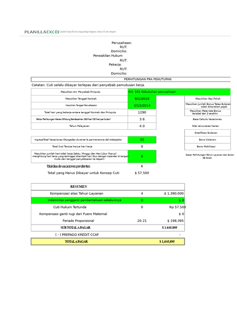 Lembar Excel Untuk Perhitungan Finiquito Chili | PDF