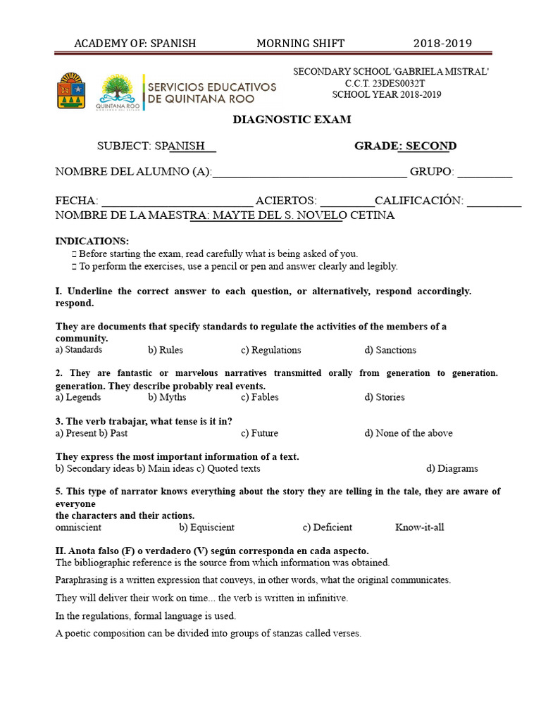 Diagnostic Exam - Spanish 2nd. | PDF | Linguistics