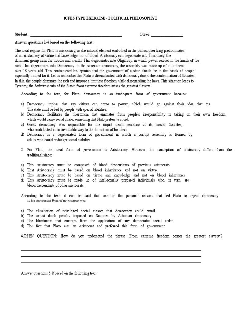 ICFES Political Philosophy Exercises | PDF | Plato | Socrates