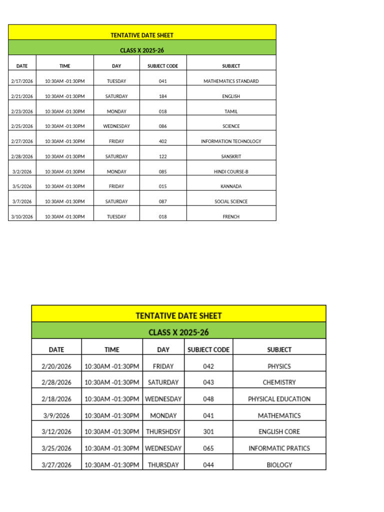 Class 10th Time Table 2025-26 | PDF