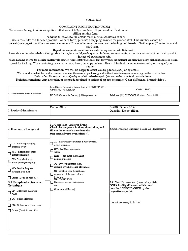 Solotic Complaint Registration Form | PDF