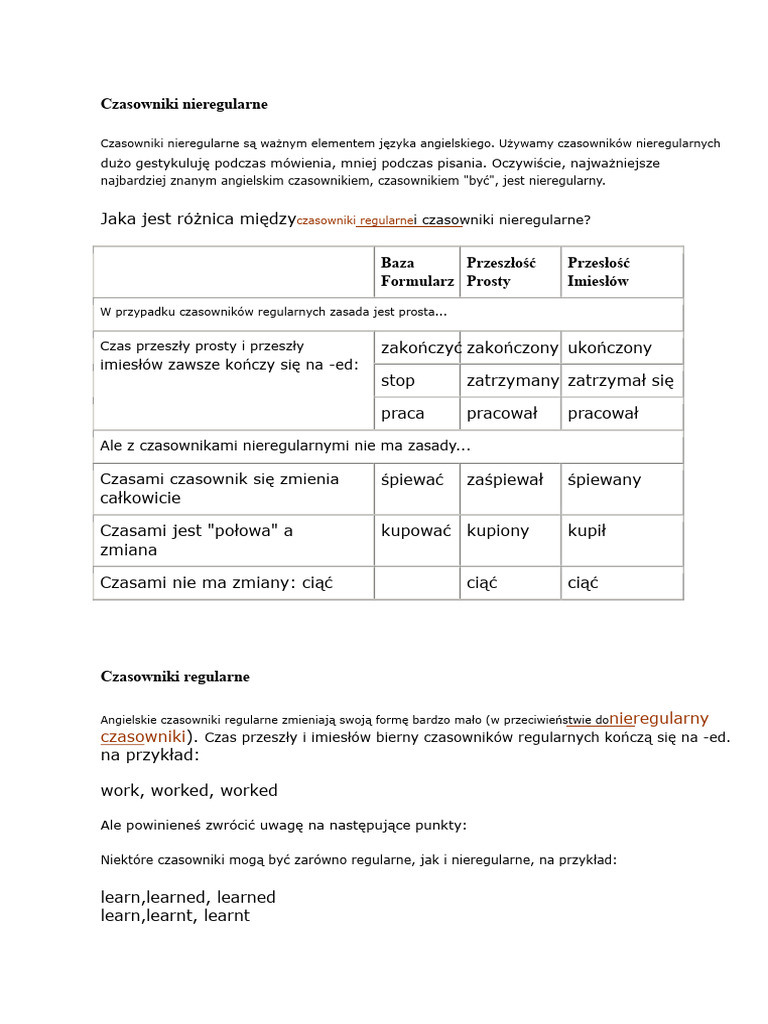 Czasowniki Nieregularne I Czasowniki Regularne | PDF
