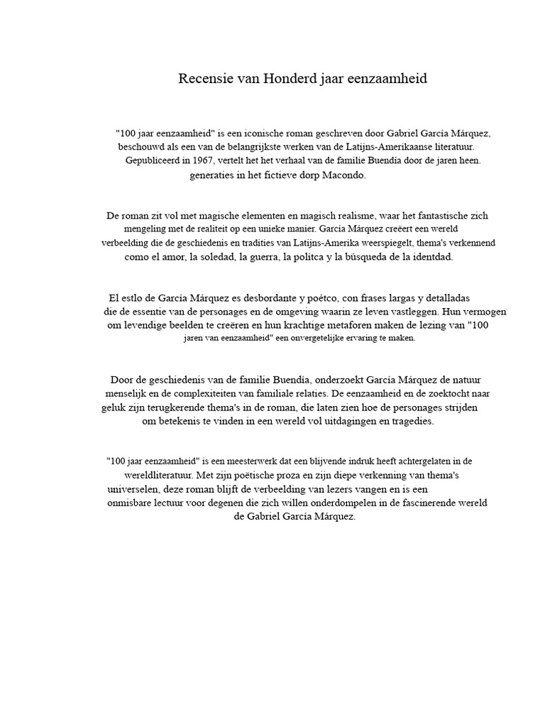 Recensie Van Honderd Jaar Eenzaamheid | PDF