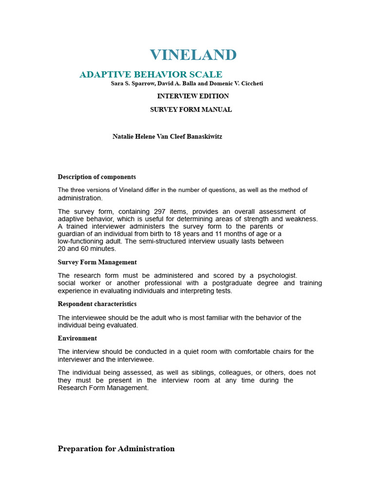 Vineland Adaptive Behavior Scale Manual | PDF | Disability | Interview
