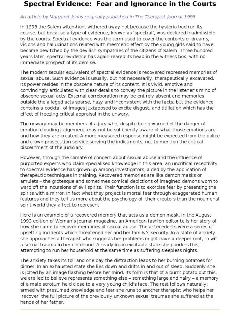 Spectral Evidence: Fear and Ignorance in The Courts | PDF | Witness ...