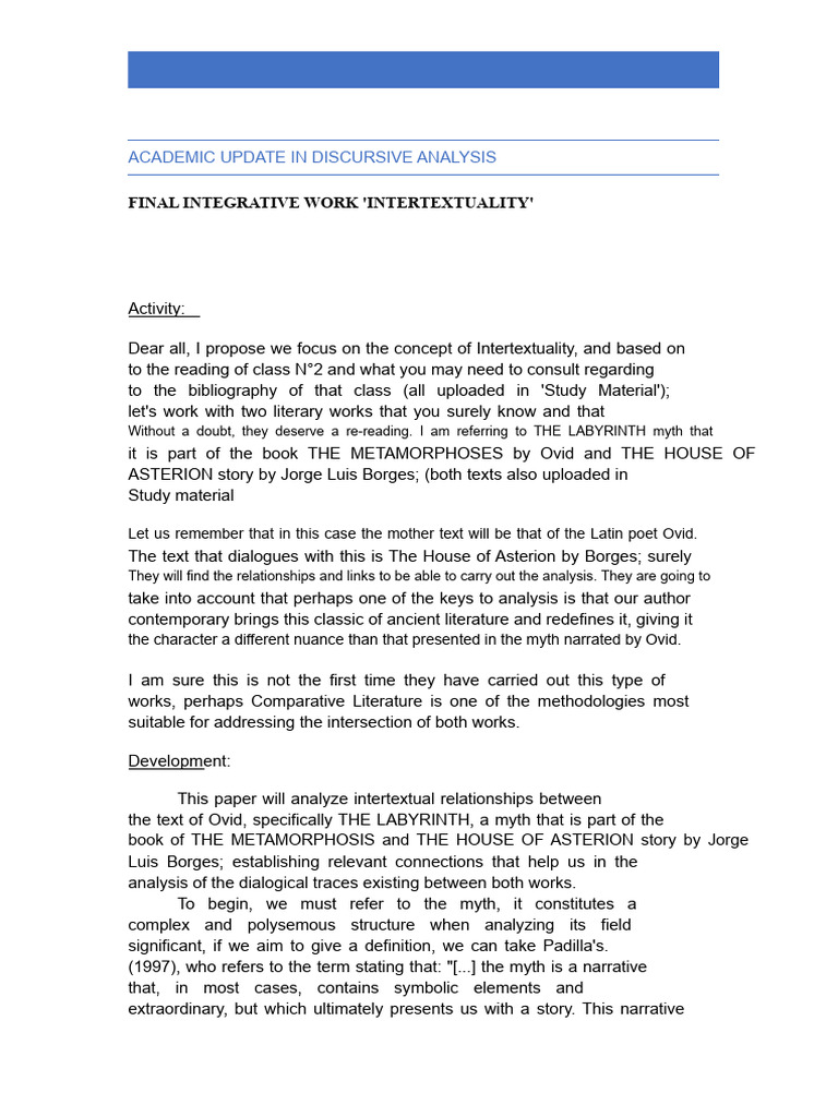 Intertextuality - Final Project | PDF | Intertextuality | Minotaur