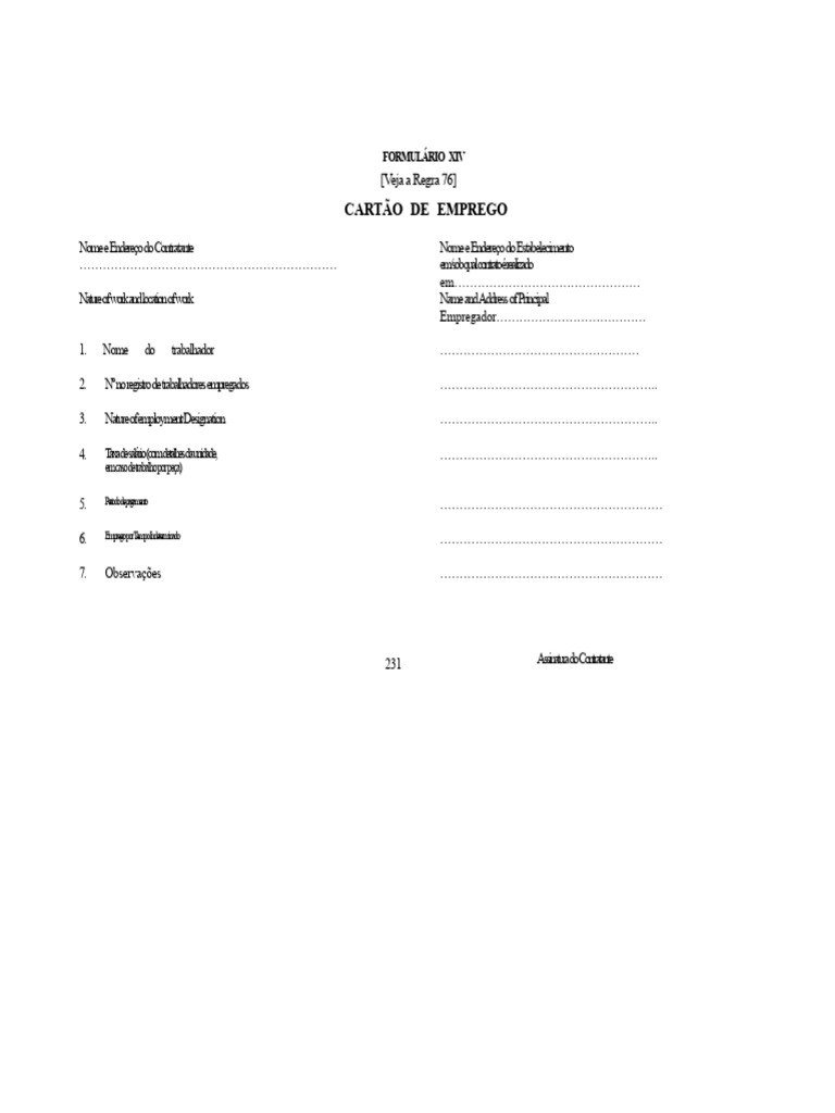 Cartão de Emprego Formulário 14 | PDF