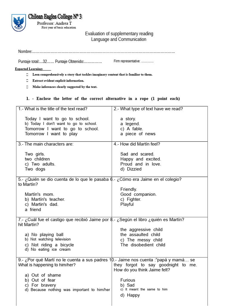 First Grade Reading Evaluation Guide | PDF