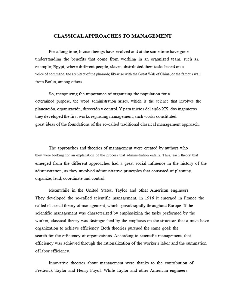 Classical Approaches To Management - Essay | PDF | Business