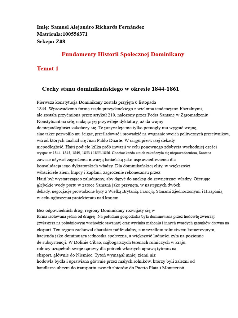Fundamenty Historii Społecznej Dominikany - Praca Końcowa - Sekcja (Z08 ...