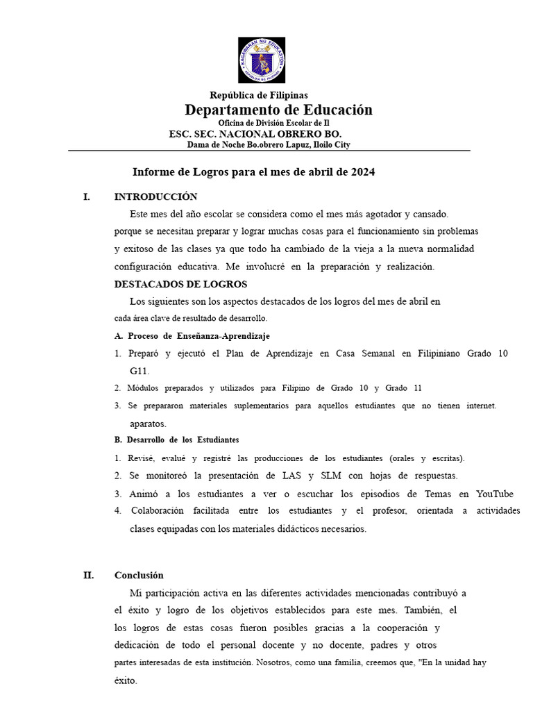 Informe de Logros Educativos Abril 2024 | PDF