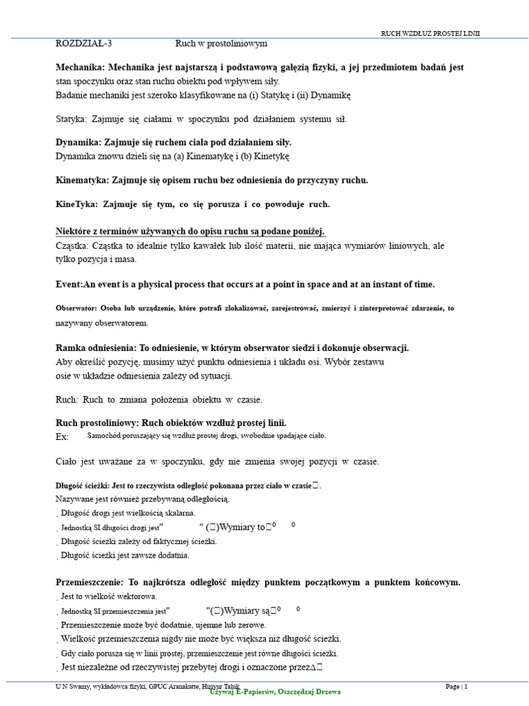 1st Puc Fizyka Rozdział3-Ruch W Linii Prostej Notatki Od U N Swamy | PDF