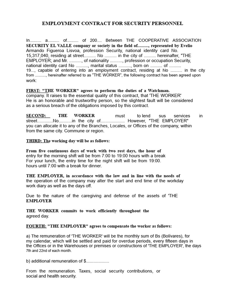 Security Personnel Employment Contract | PDF | Employment | Private Law