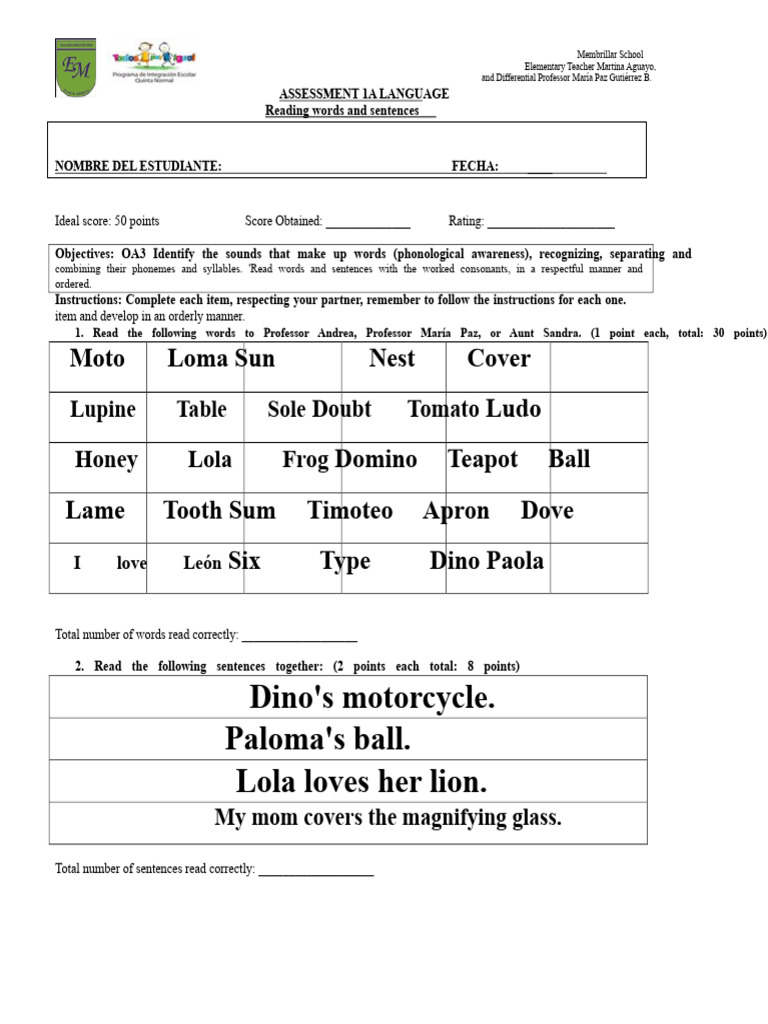 Word and Sentence Reading Assessment M L P S T D | PDF | Word | Linguistics