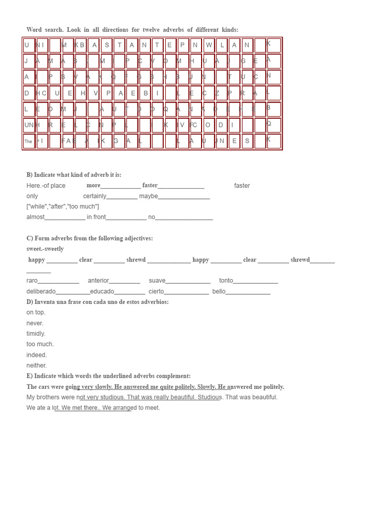 Exercise Adverbs Word Search | PDF