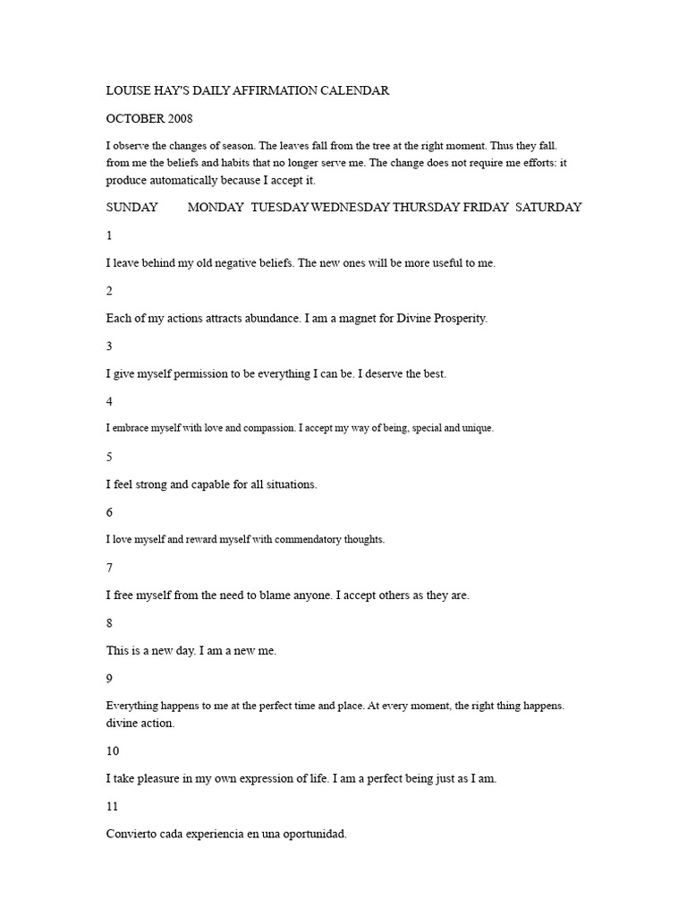 Louise Hay's October Affirmations Calendar | PDF | Cognition ...