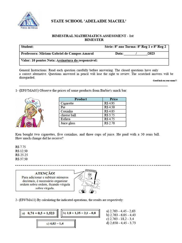 Bimonthly Assessment Math 8th Grade | PDF | Mathematics