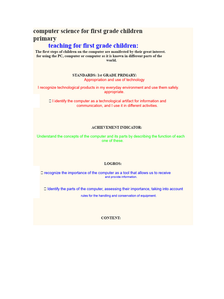 Computer Science For First Grade Elementary School | PDF | Central ...