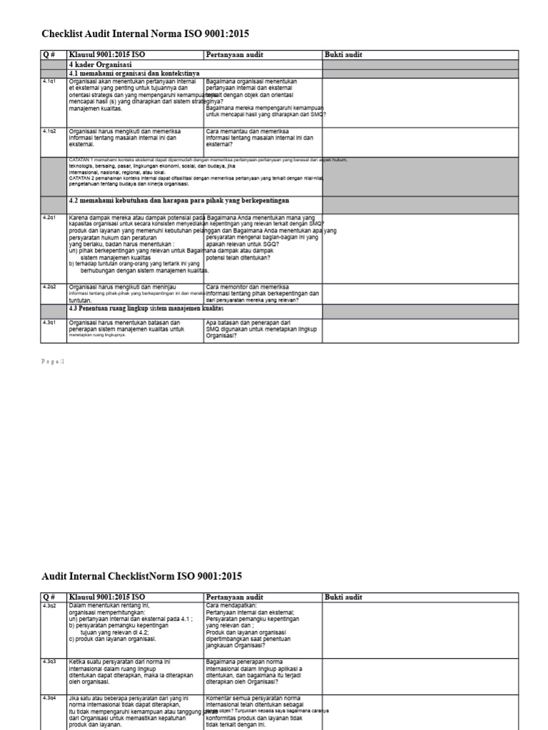 Checklist Audit Internal Standar ISO 9001:2015 | PDF