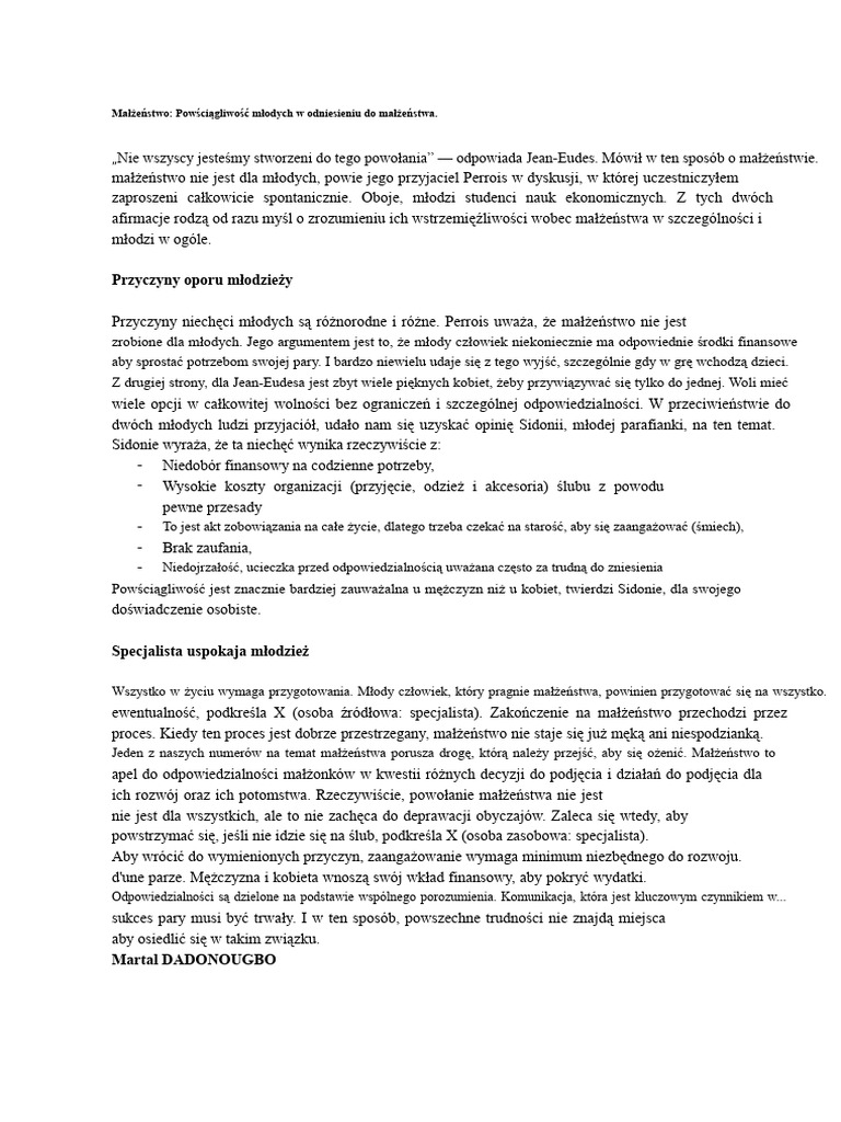 Małżeństwo - Wstrzemięźliwość Młodych Wobec Małżeństwa | PDF