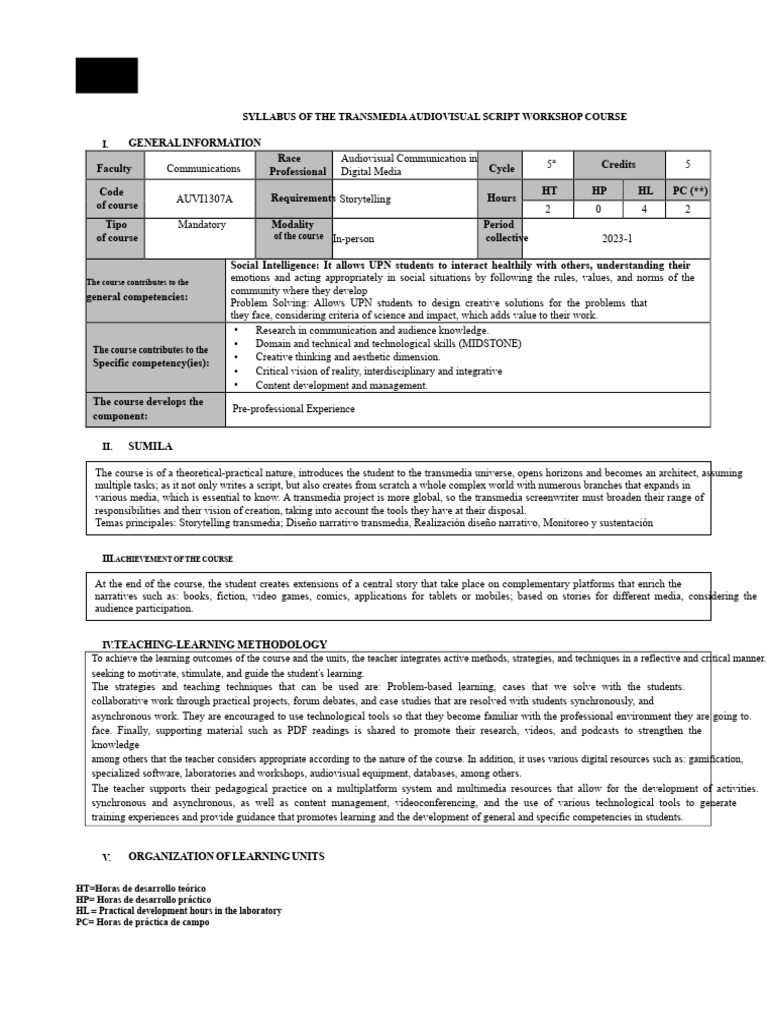 TLL. AUDIOVISUAL SCRIPT. TRANSMEDIA (Syllabus) | PDF