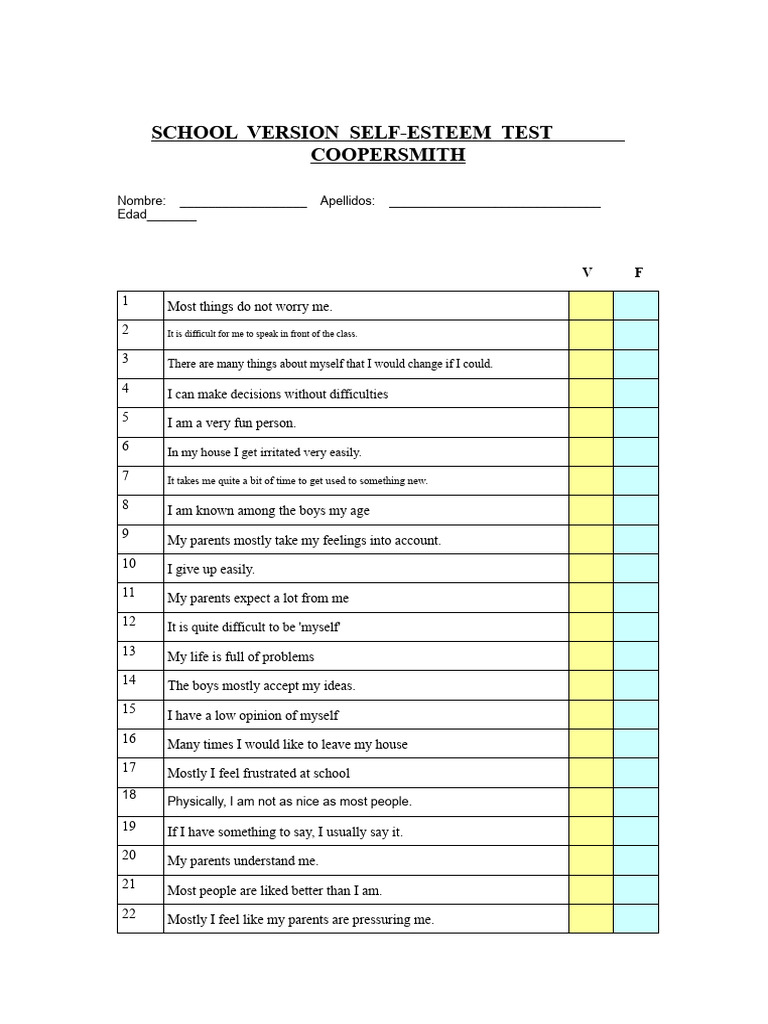 Self-Esteem Test School Version Coopersmith | PDF | Self Esteem ...