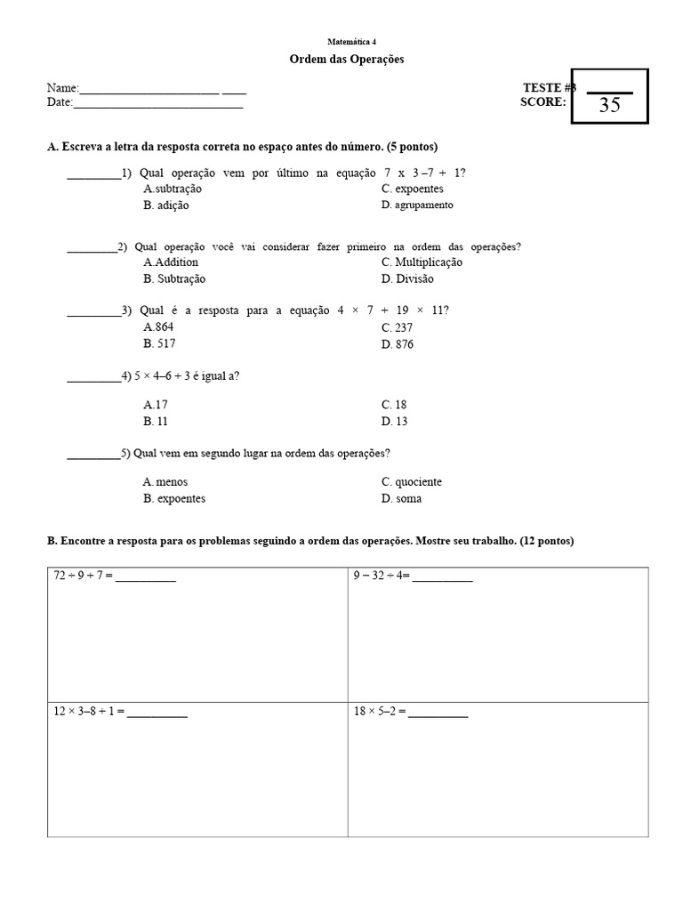 Ordem das Operações em Matemática 4 | PDF