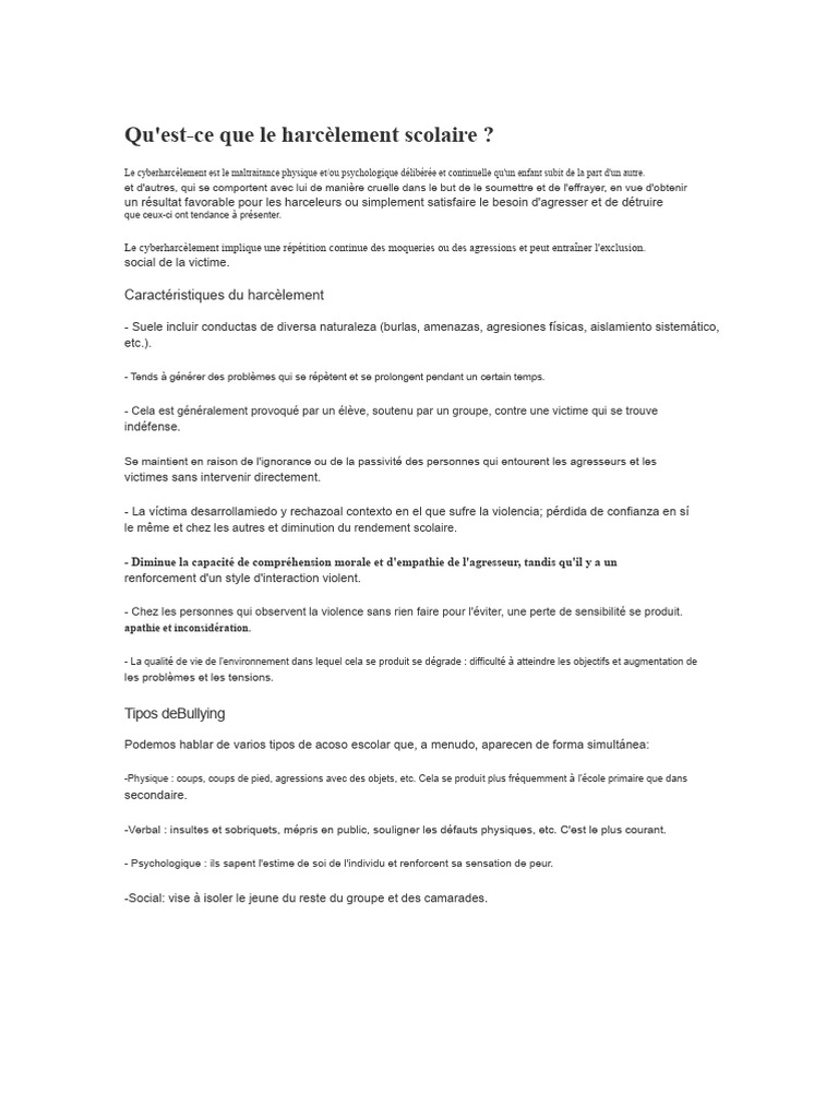 Comprendre le harcèlement scolaire et ses types | PDF
