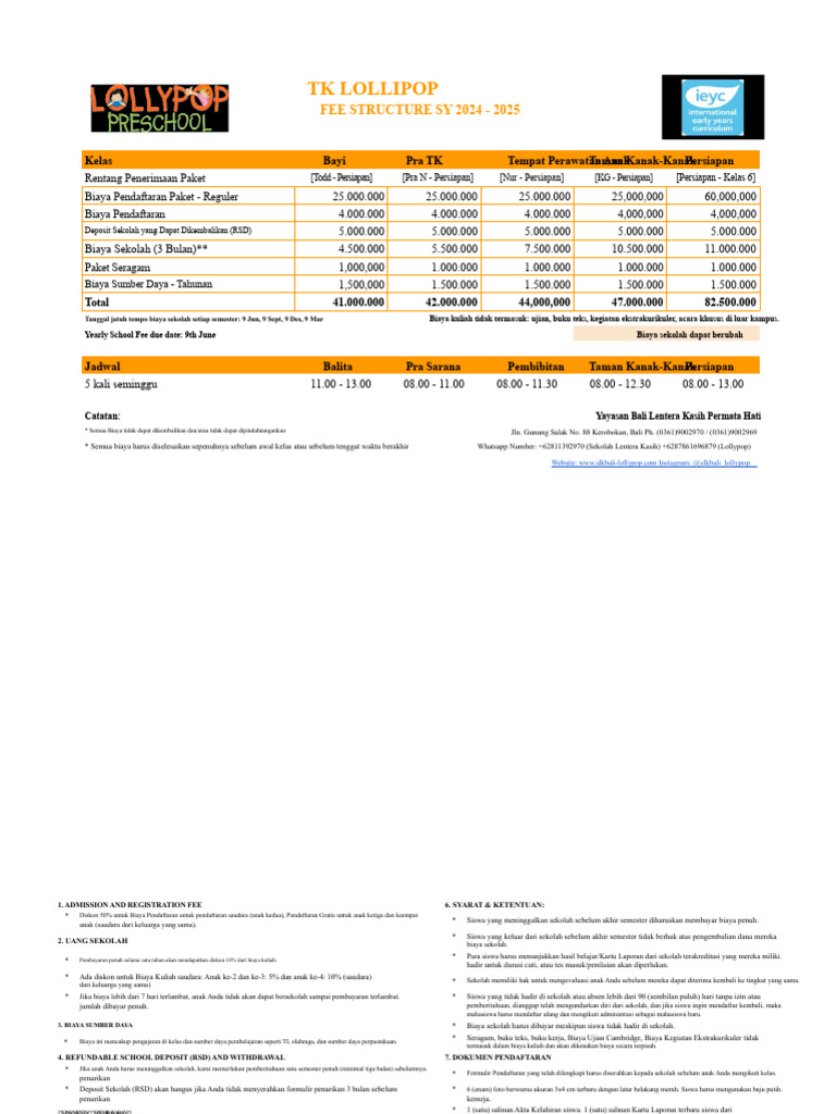 Struktur Biaya TK Lollipop 2024-2025 | PDF