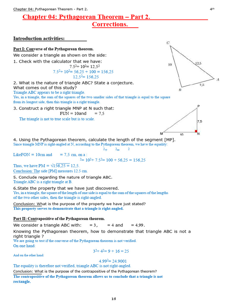 Chapter 04 - Pythagorean Theorem - Part 2 - Corrections | PDF ...