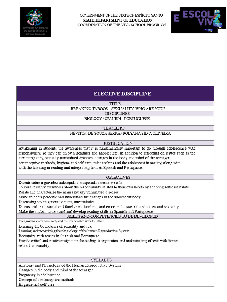 Plan - Elective Subjects - Sexuality | PDF | Adolescence | Human Sexuality