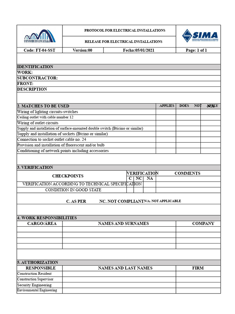 FT-02-SST Electrical Installations Protocol | PDF