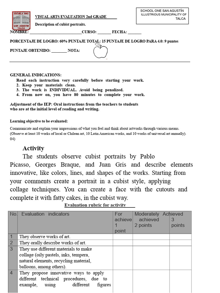 Evaluation Description Cubist Portrait | PDF