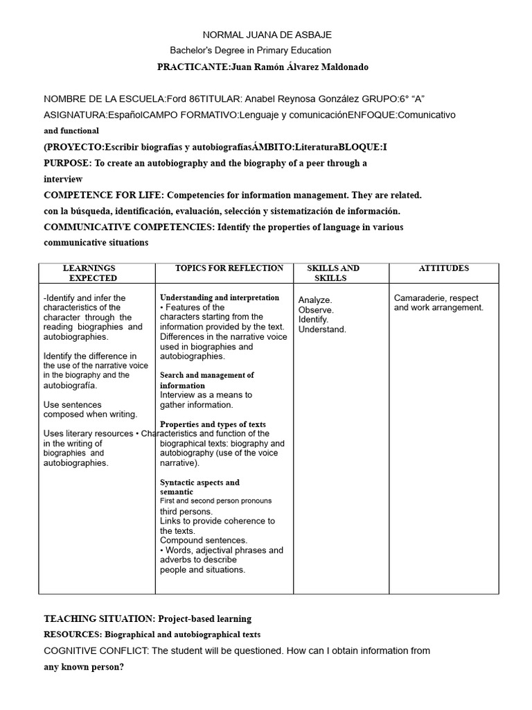 Autobiography Project for Primary Education | PDF | Biography | Word