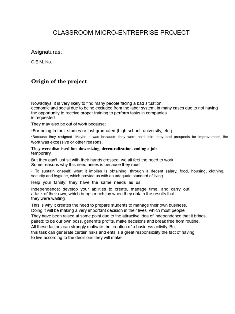 Classroom Micro-Entrepreneurship Project | PDF | Evaluation | Economics