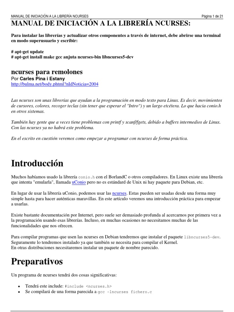 Introducción a la librería Ncurses | PDF | Biblioteca (informática) | Puntero (Programación de ...