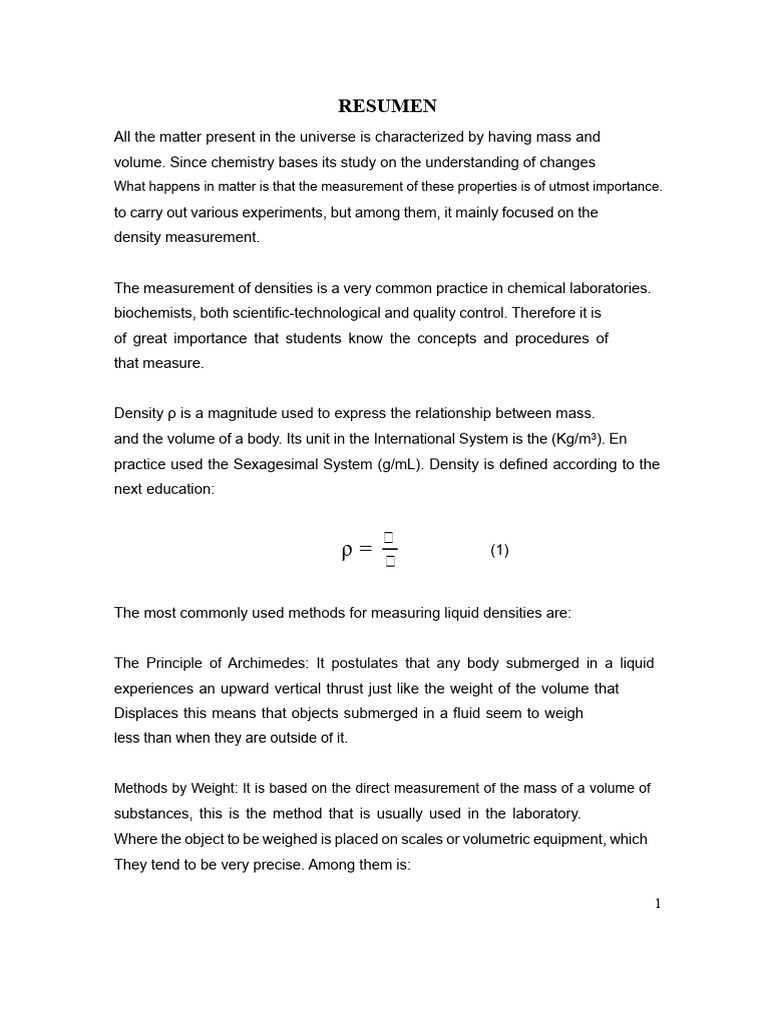 Density Measurement Techniques in Chemistry | PDF | Density | Volume