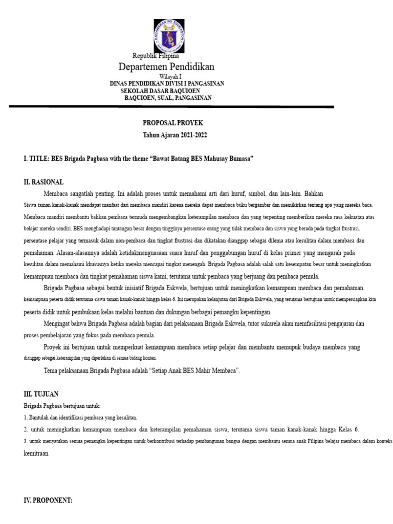 Proposal Proyek Brigada Pagbasa 2021 | PDF