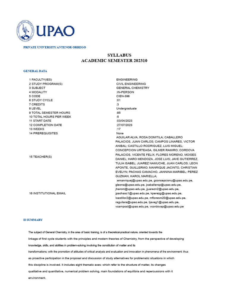 General Chemistry Syllabus 202310 | PDF | Chemical Bond | Stoichiometry