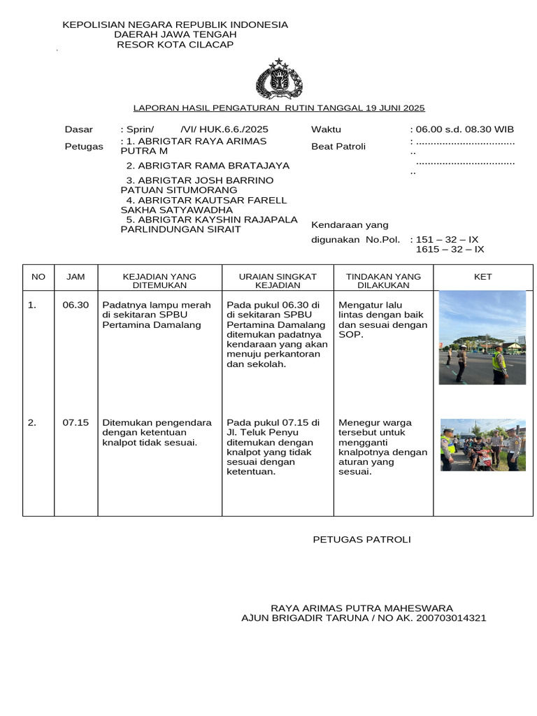 Laporan Pengaturan Rutin Polres Cilacap | PDF