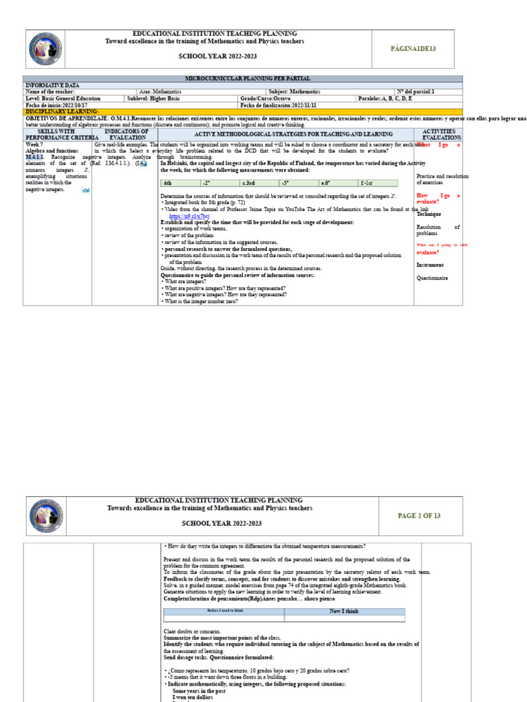 8th Grade Mathematics Microcurricular Planning Partial 1 | PDF ...